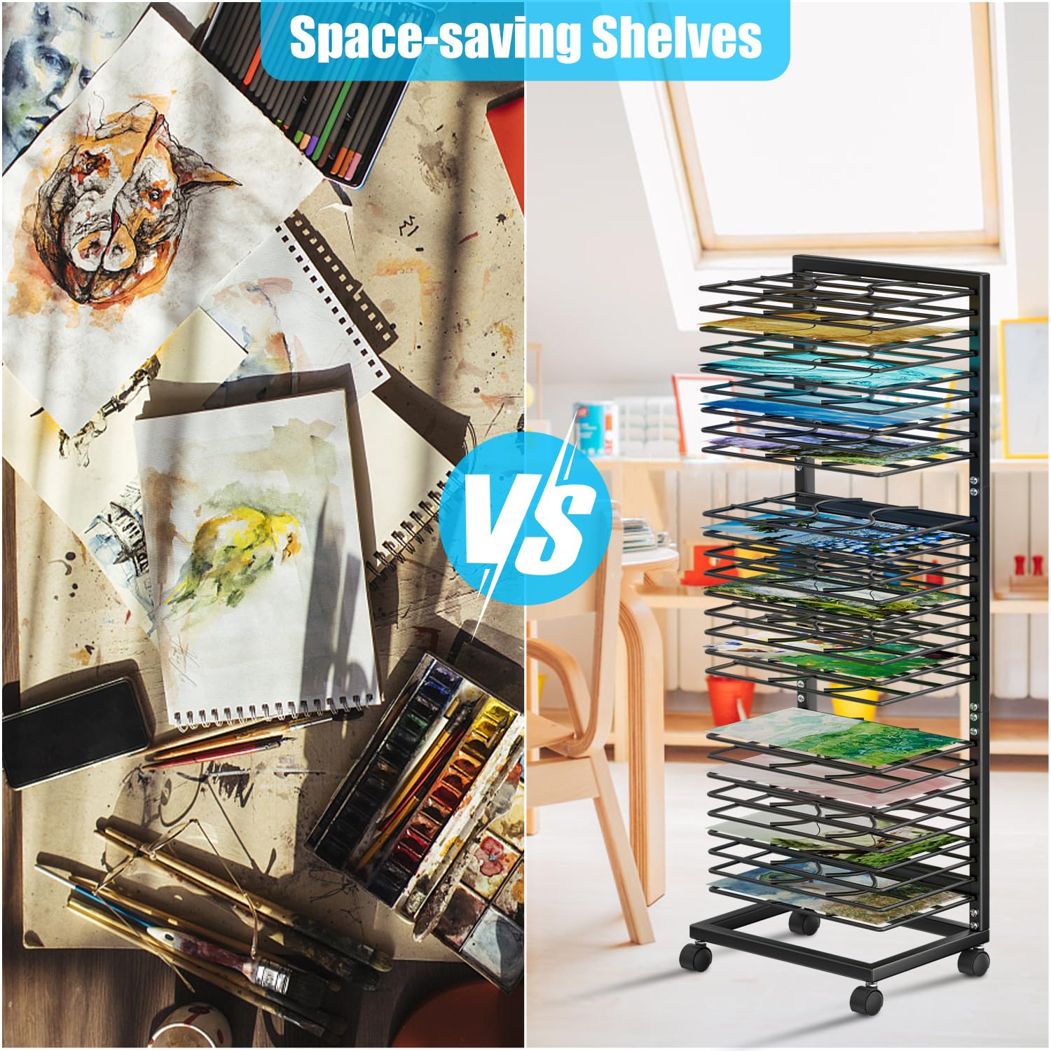 WISIMMALL Art Drying Rack, Paint Drying Rack with 27 Removable Shelves, Lockable Wheels, Metal Art Storage Rack, Art Drying Rack for Classroom, Art Studios and Schools