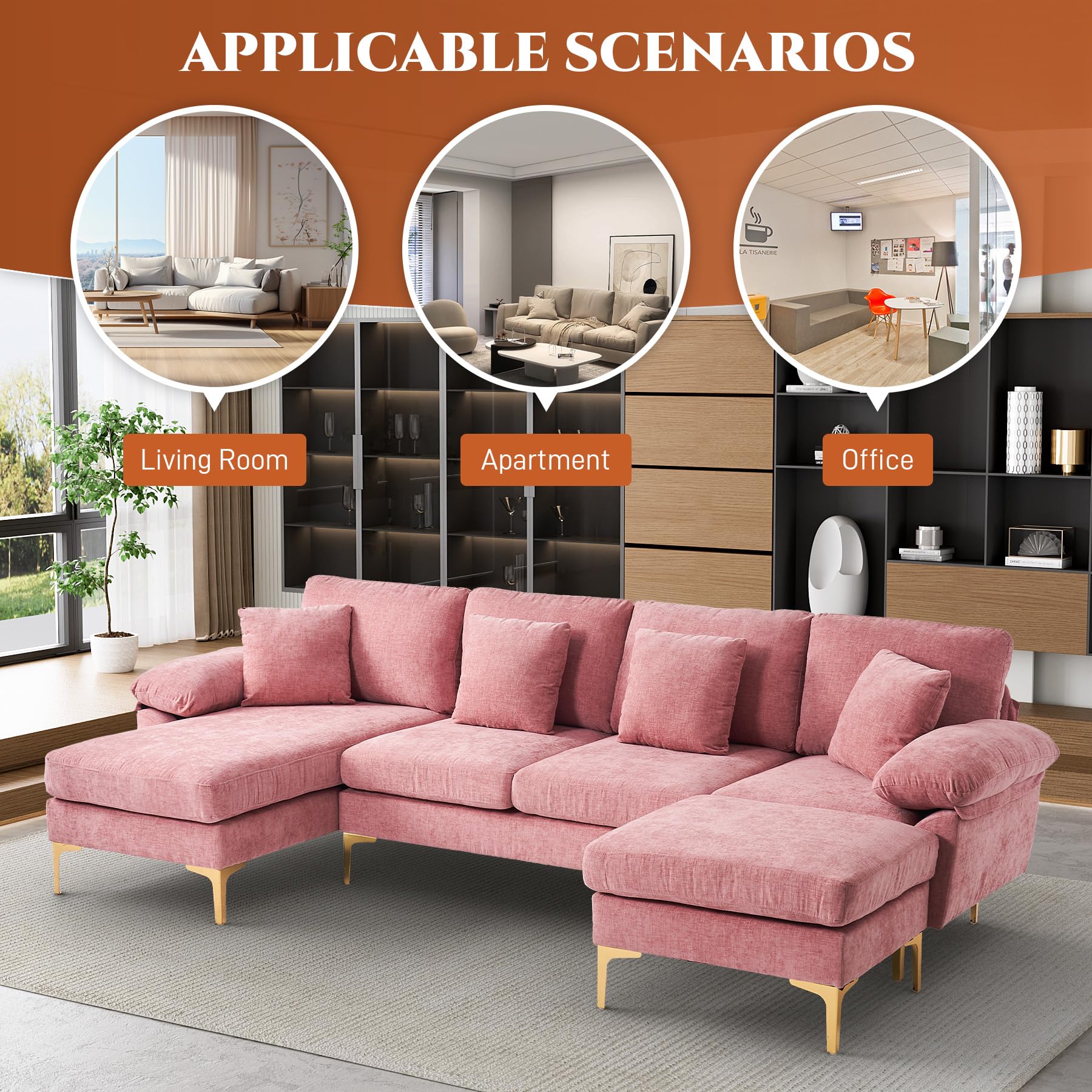 OUYESSIR U-Shaped Sectional Sofa for Living Room, 4 Seat Sofa Set Convertible L-Shaped Couch Set with Chaise Lounge, Ottoman and Pillows,114 inches, Light Pink Chenille