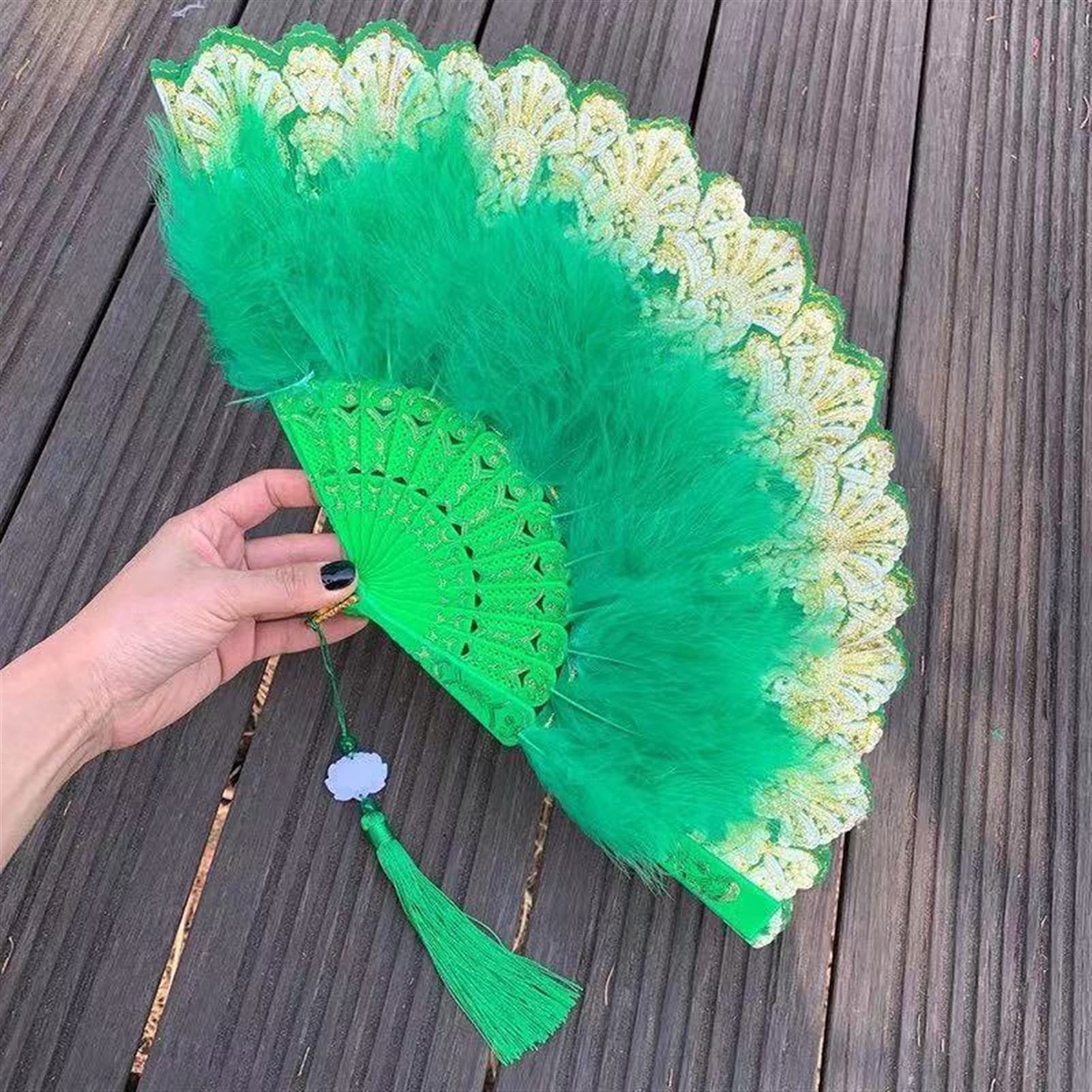 HABADOG Feather Folding Fan Dance Hand Fan with Pendant Gift Wedding Party Decoration (Color : Green)