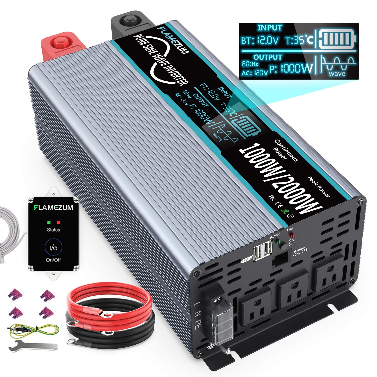 FLAMEZUM 1000W Continuous/2000W Peak Pure Sine Wave Inverter DC 12V to AC 110V Car Power Inverter with Remote Control 3 AC Outlets & 2A USB Output