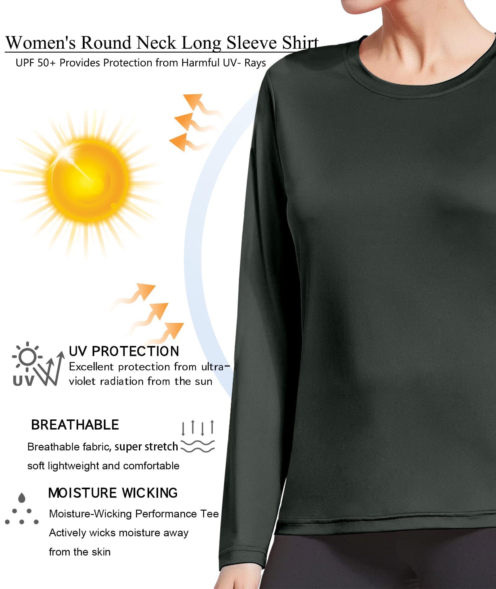 HIBETY 3 Pack Women's UPF 50+ Sun Protection Shirts, Workout Gym Long Sleeve Shirts, Quick Dry Tops(Black/White/Grey-02-L)
