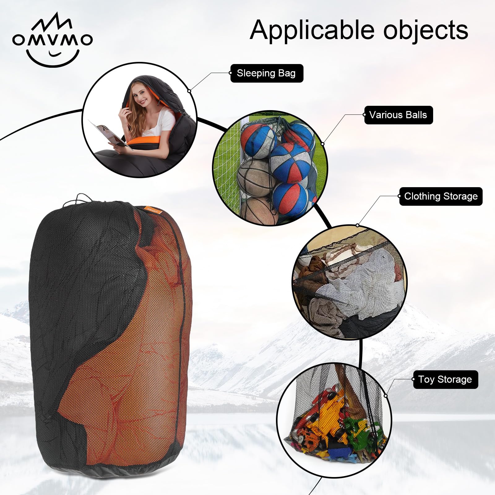 OMVMO 1Pcs100L Mesh Sleeping Bag Storage Sack Stuff Sack Mesh Laundry Bag Drawstring Bag，Tear-Resistant Polyester Mesh,300D Oxford Bottom,Anti-Dirt and Water-Resistant.