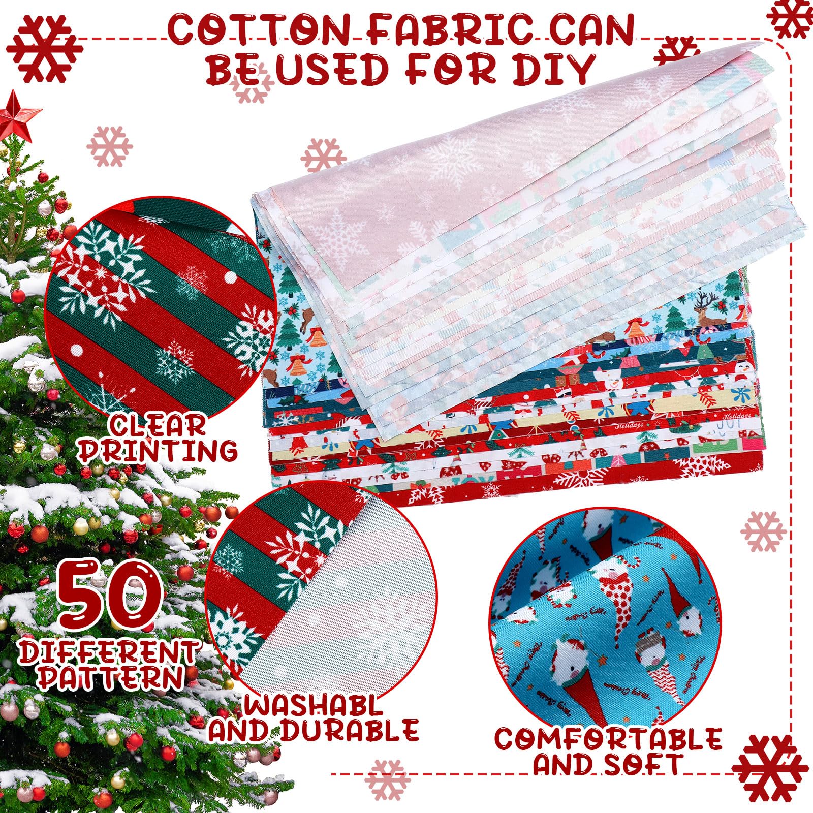 Ganeen 100 Pcs 10 x 10 Inch Winter Christmas Fabric Squares Snowflake Snowman Santa Quilting Fabric Bundles Red Green Blue Fat Fabric Patchwork Scraps Pre Cut Quilt Squares for DIY Craft