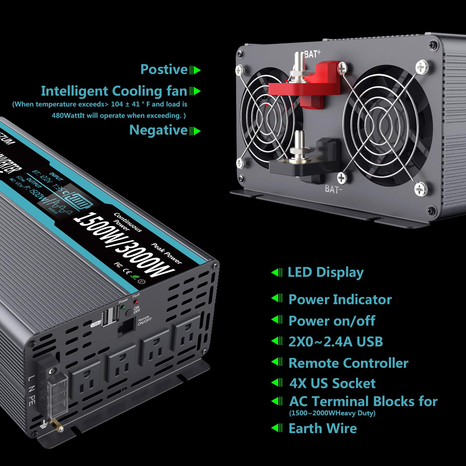 FLAMEZUM 1500W Pure Sine Wave Power Inverter DC 12v to AC 110v-120v Sump Pump Battery Backup System Peak Power 3000W with Remote Control LCD Display Sump Pump Battery Backup System