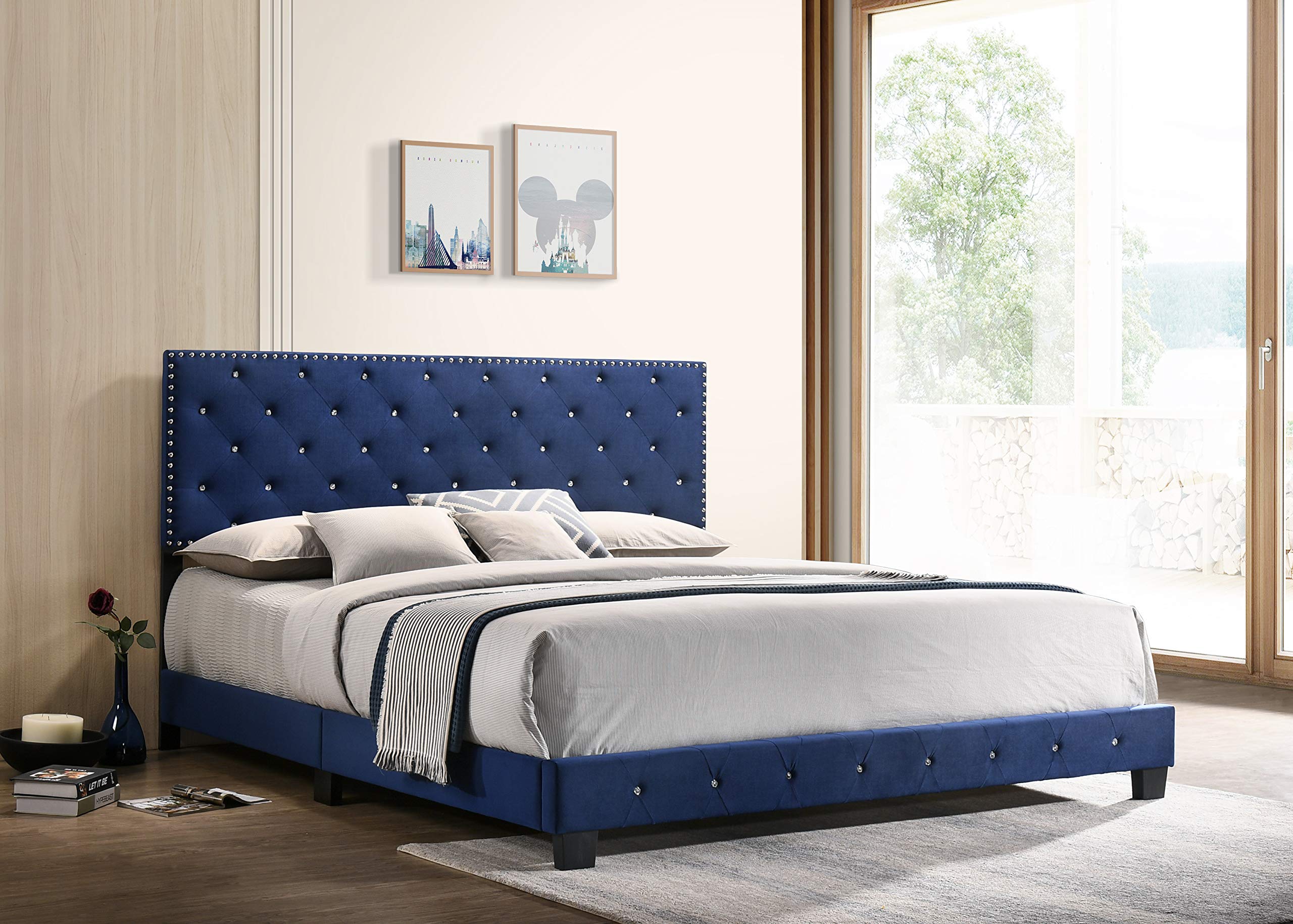 Glory Furniture Suffolk Velvet Upholstered King Bed in Navy Blue