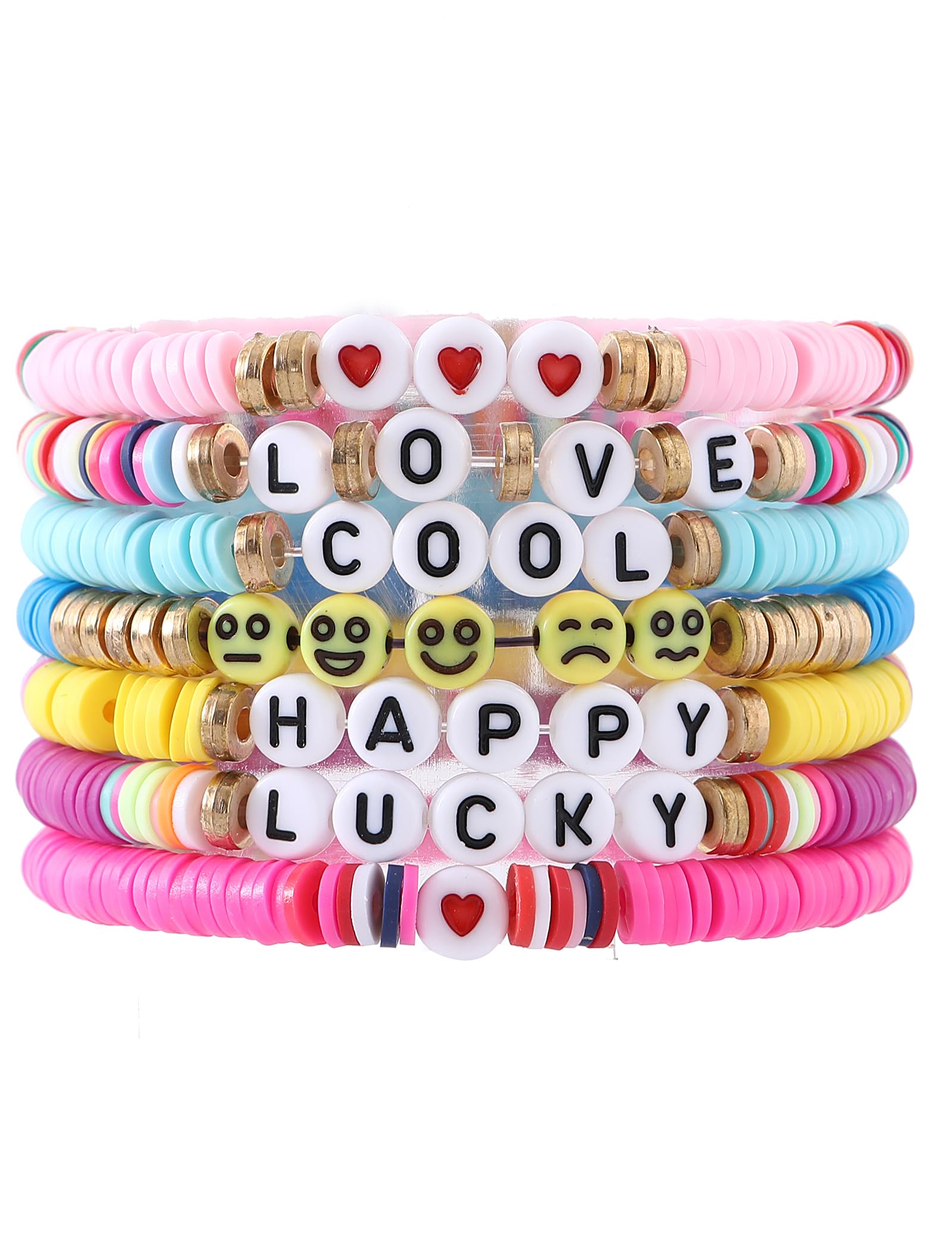feixun Heishi Surfer Bracelets set - 6mm Polymer Clay Rainbow Bracelet Elastic Rope Bracelet, Boho Beaded Bracelet, Great for Beach, Vacation (12pc Heishi Surfer Bracelets B)