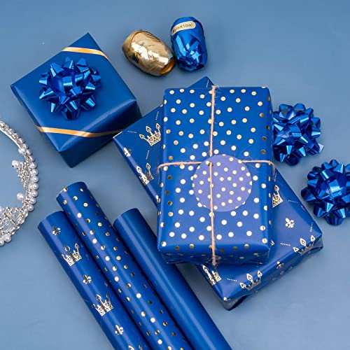 MAYPLUSS Wrapping Paper Set - Mini Roll with Bow & Ribbon & Gift Tags & Stickers - 17 inch X 120 inch Per roll - Royal Blue Design (42.3 sq.ft.TTL)