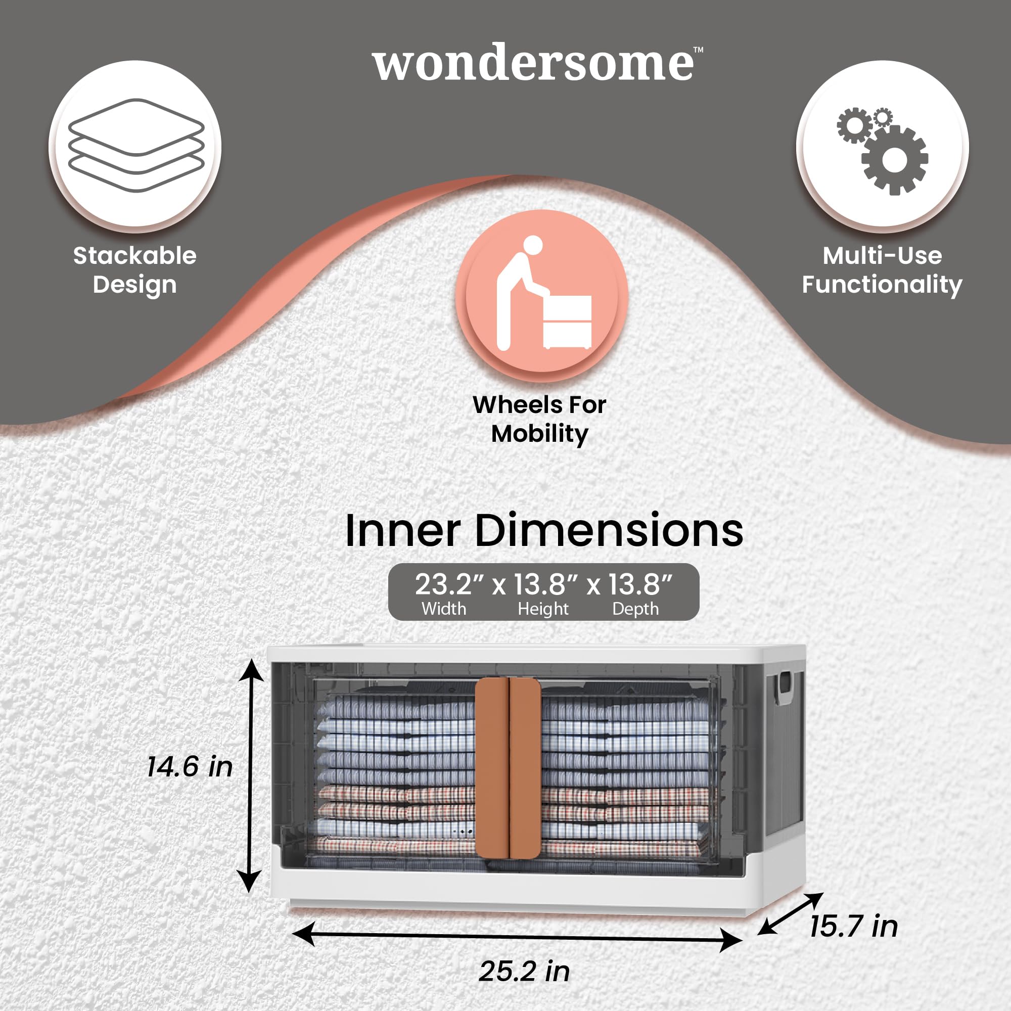 Wondersome Collapsible Storage Bins - 6-Pack of Extra-Large 19-Gallon/76-Quart Stackable Wheeled Clothing, Shoe, Bedroom, Office Organizer - Foldable Containers - Assembles in Second - US-Based Brand