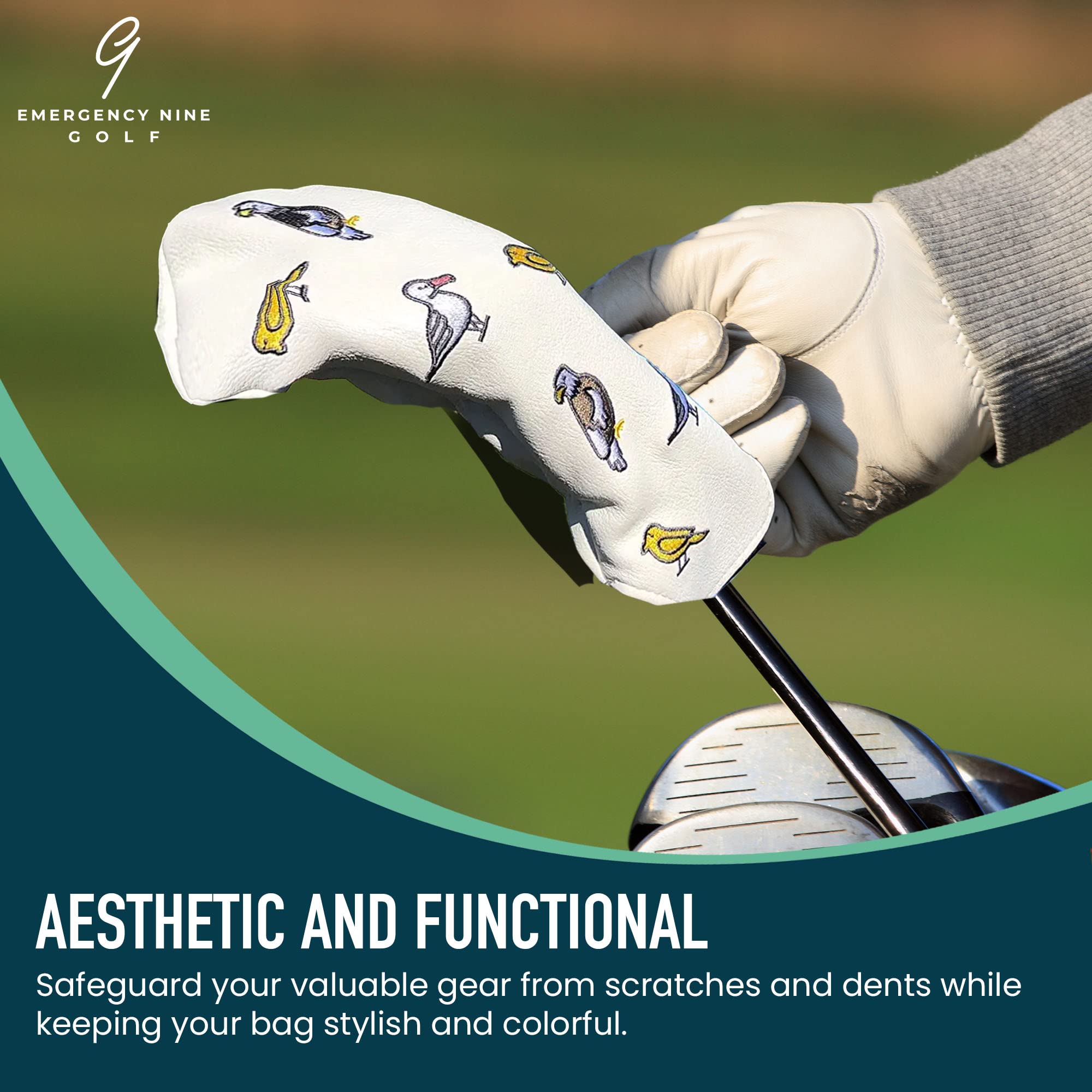 E9 Golf Fore The Birds Golf Head Cover - Synthetic Leather Golf Head Covers with Soft Fur Lining - Golf Club Covers with Unique V Shape Design Opening - Driver, White