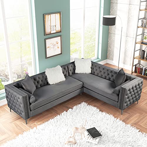 Morden Fort Tufted Velvet Couch Sectional Sofa Couches Mid Century Modern L-Shape Corner Sofa Set for Living Room, Bedroom, Office, Apartment