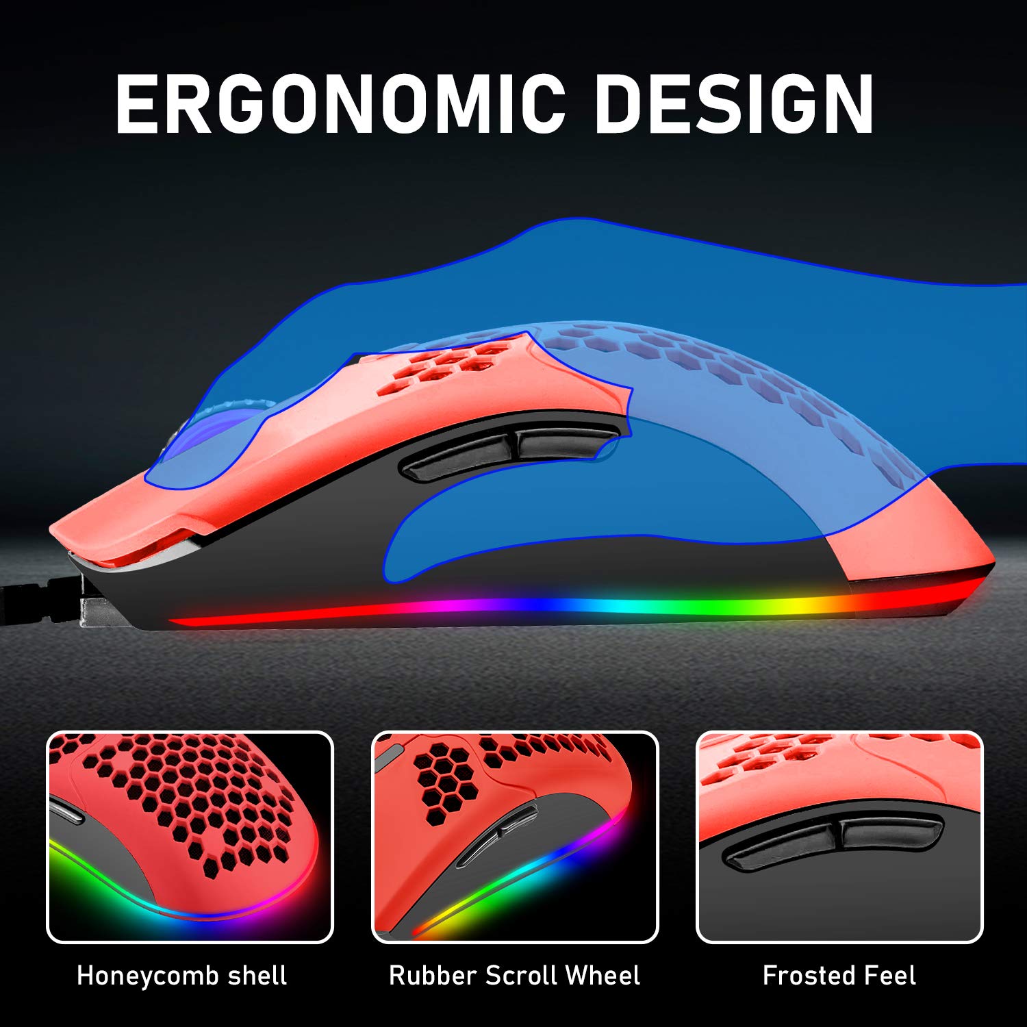 FELICON Wired Lightweight Gaming Mouse, 6400DPI Backlit Mice with 7 Buttons Programmable Driver,Ultralight Honeycomb Shell Ultraweave Cable Mouse Compatible with PC Gamers and Xbox and PS4 Users(Red)