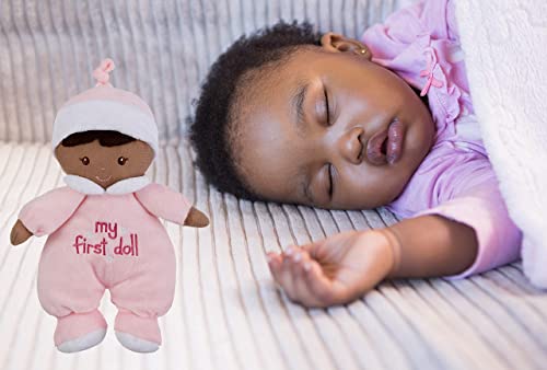 Ganz My First Doll Dollies Soft Plush Girl with Dark Complexion and Black Hair Pink Outfit, Hat. She Rattles!