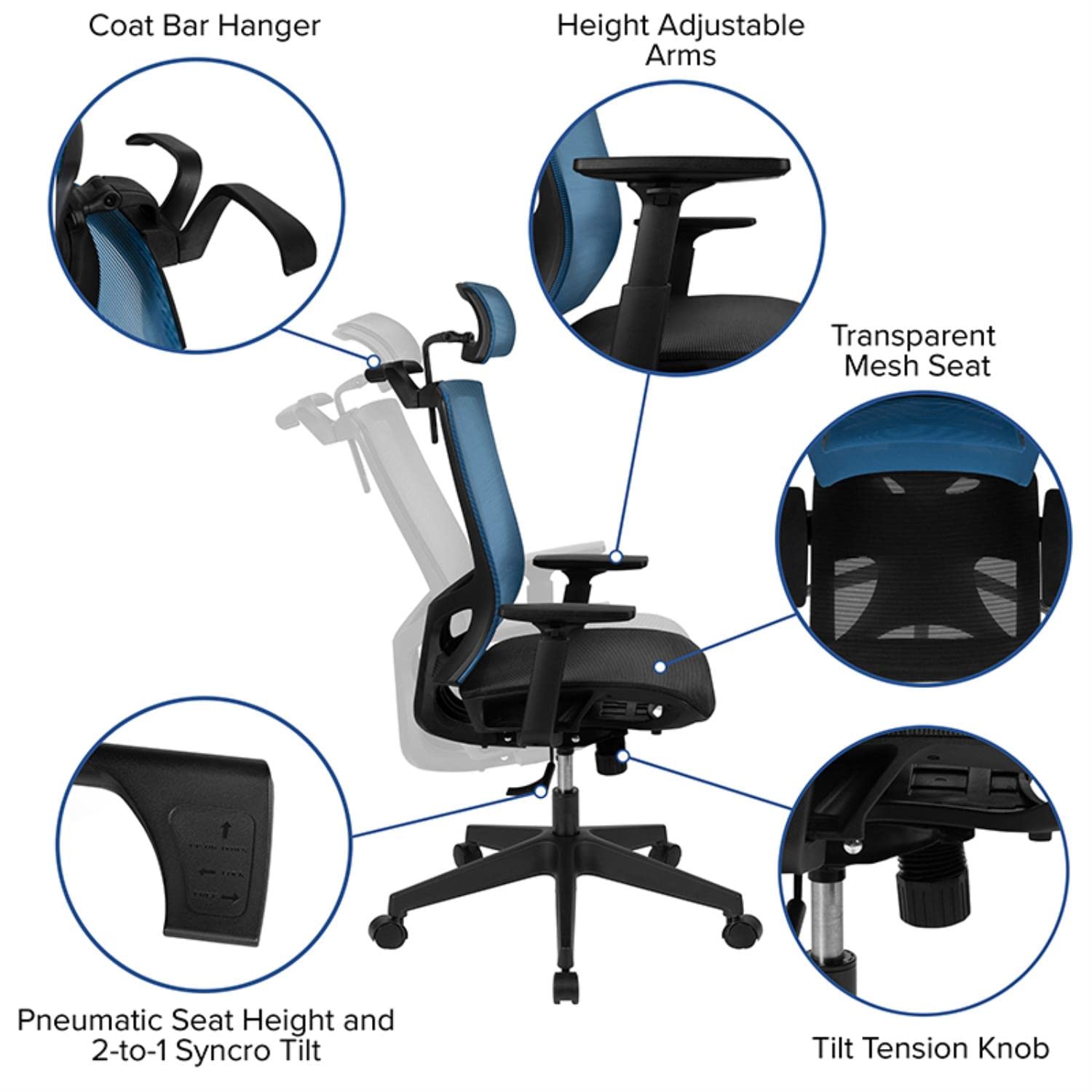 Flash Furniture Layla Ergonomic Mesh Office Chair with Synchro-Tilt, Pivot Adjustable Headrest, Lumbar Support, Coat Hanger and Adjustable Arms in Blue/Black
