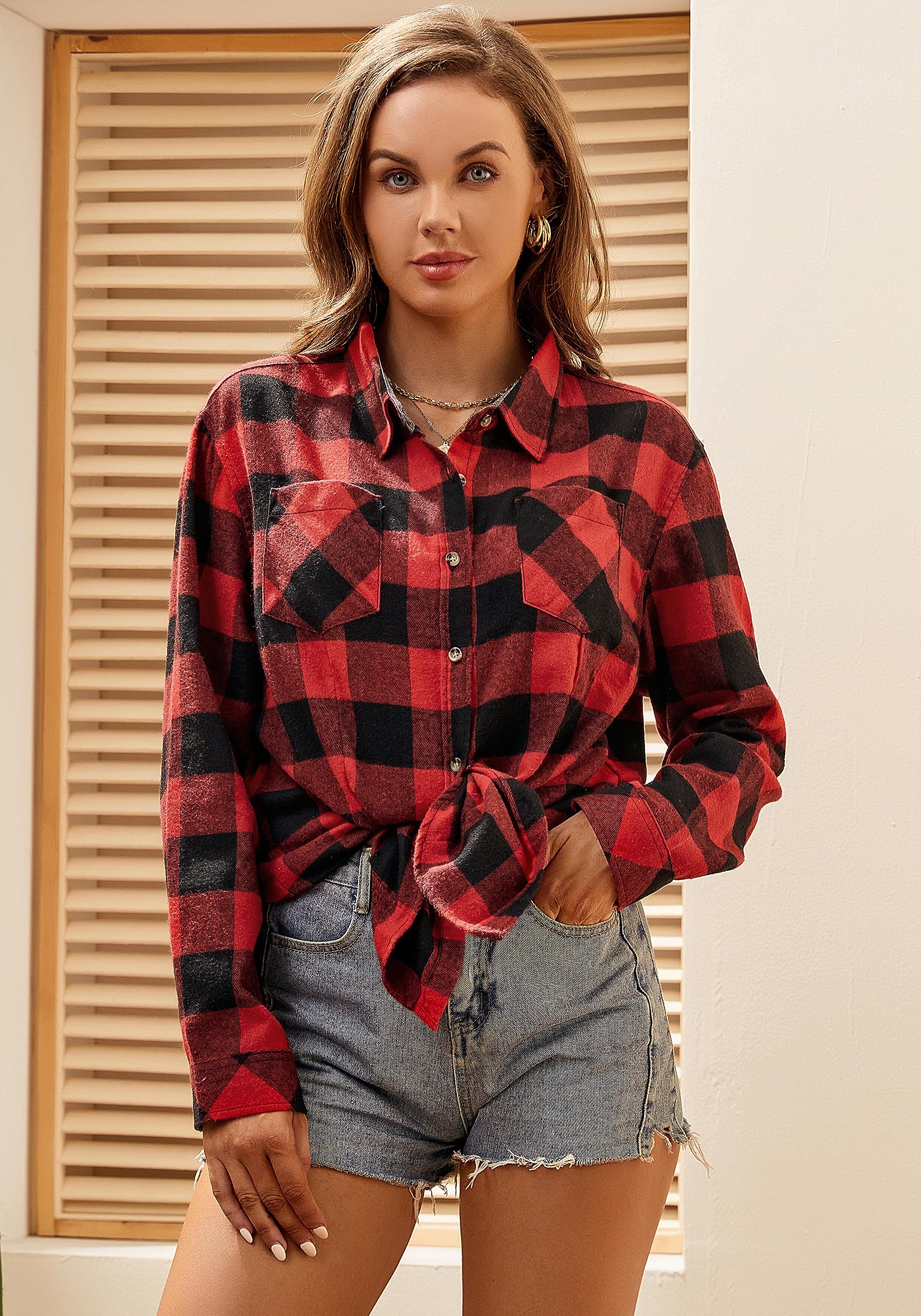 Esabel.C Flannel Shirts for Women Long Sleeve Button Down Plaid Fall Shirt Casual Work Tops,Red/Black,L