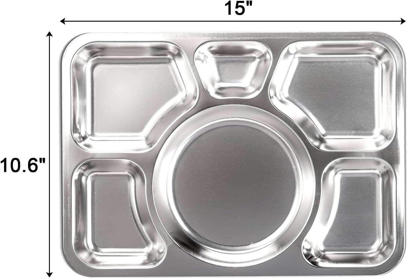 Hacaroa 4 Pack Stainless Steel Divided Dinner Plates, 15x10.6 Inches Snack Serving Plate with 6 Compartment, Metal Food Trays for Adults, Diet Food Portion Control, Picky Eaters