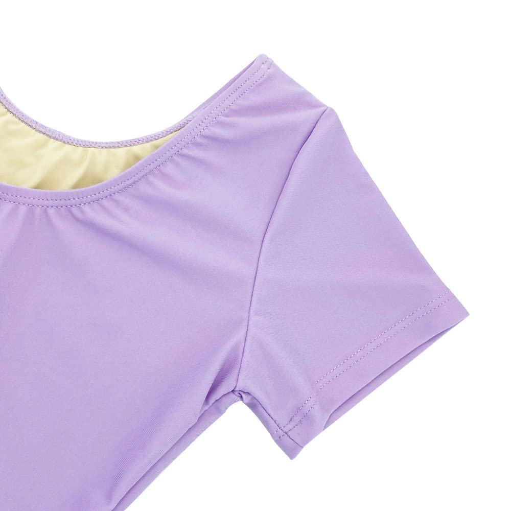 Freemasoner Gymnastics Leotard for Girls Ballet Dance Short Sleeve for 6-12 Years Old Light Purple & Black