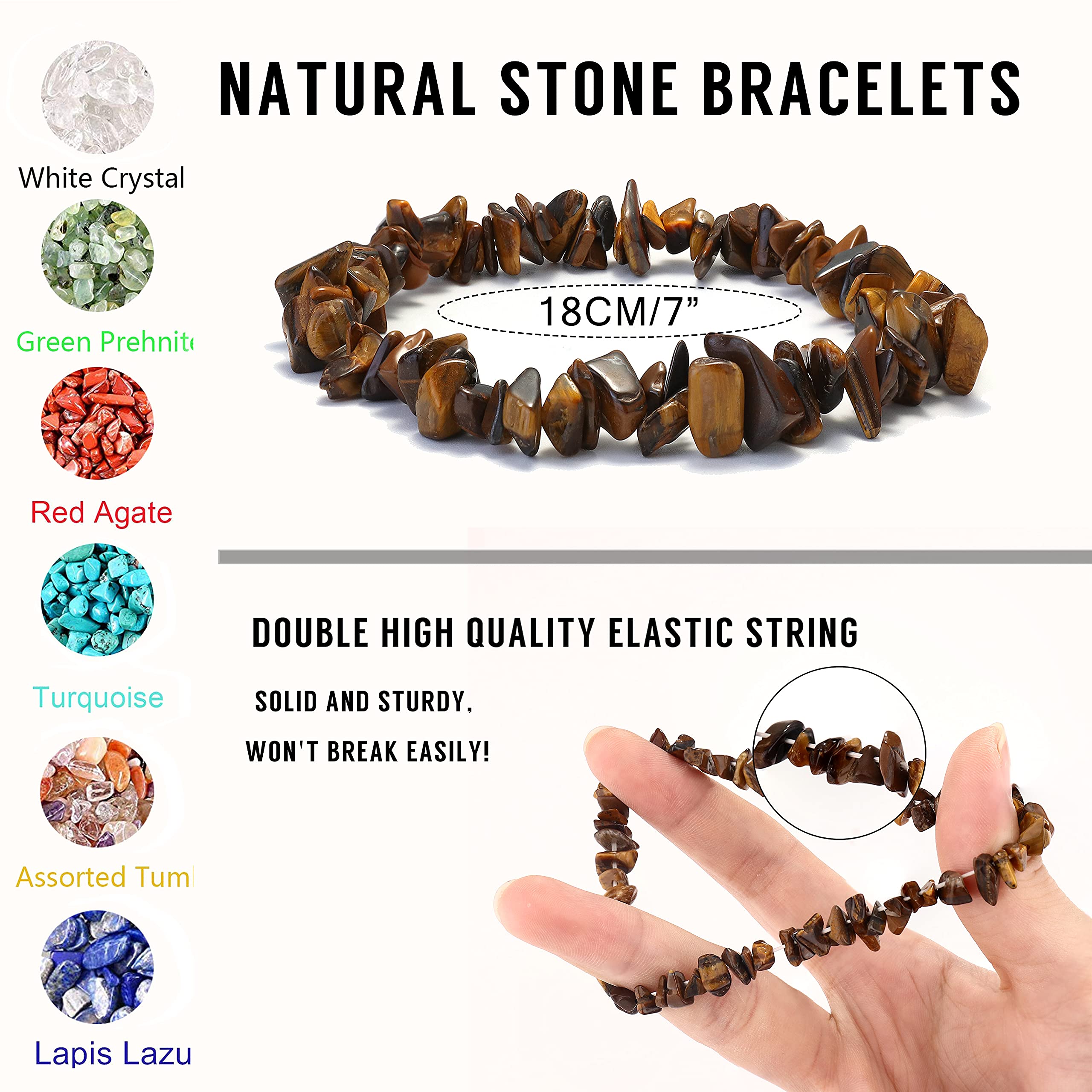 FIBO STEEL 16Pcs Natural Gemstone Chakra Crystal Healing Chip Stretch Bracelets for Women Tumble Polished Align Chakras Conquer Fear Increase Communication Reiki