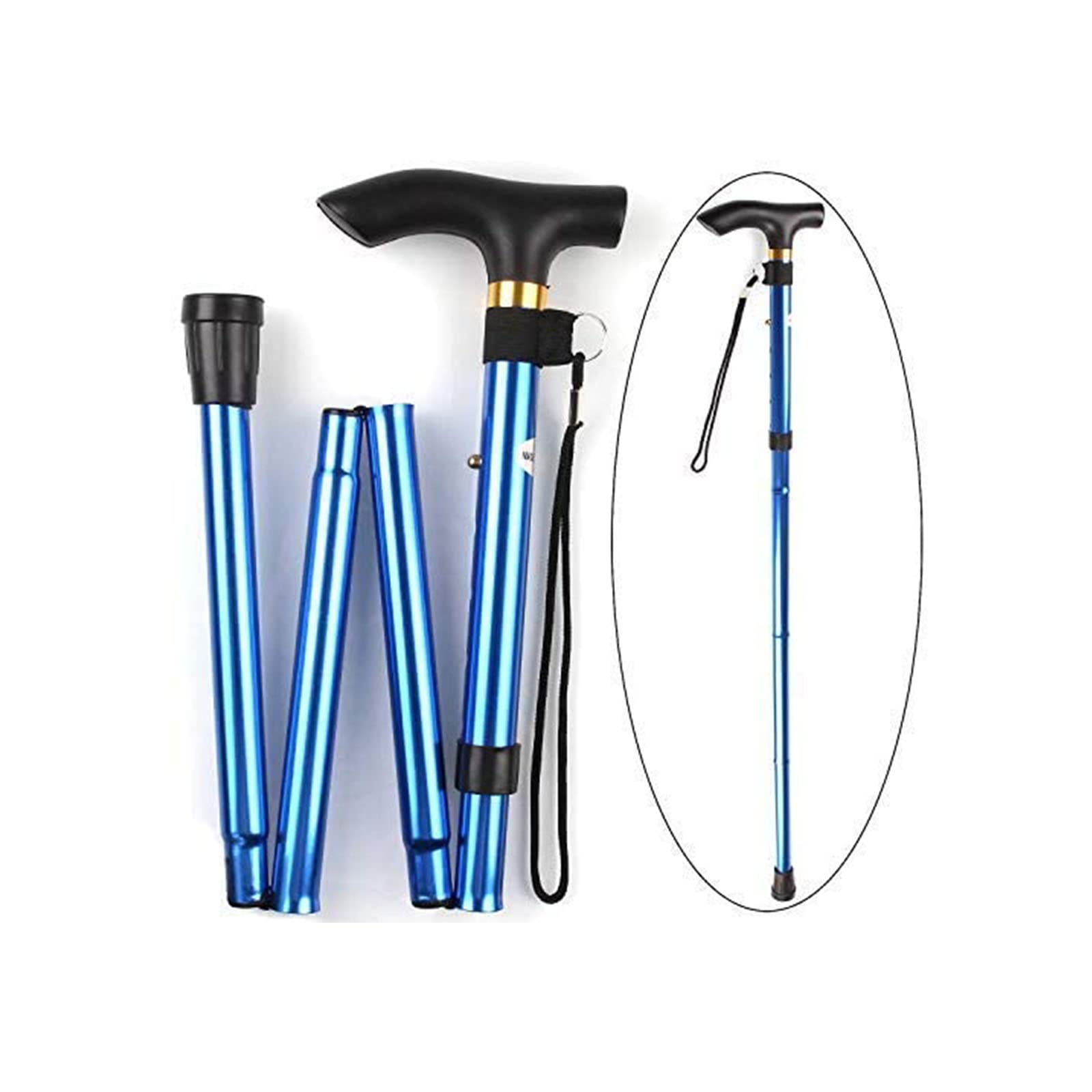 Folding Walking Stick, 32~36 Inch Adjustable Cane Aluminum Metal Collapsible Ergonomic Handle Lightweight Quick Locks Trail Poles for Hiking Trekking Travel (Blue)
