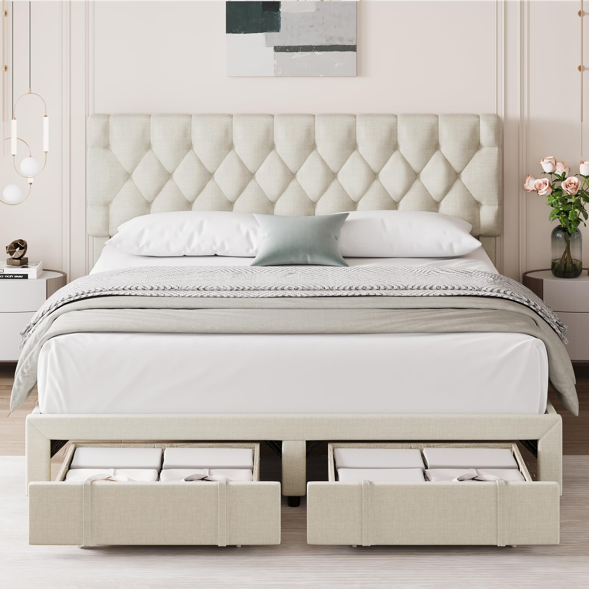 GAOMON King Size Bed Frame with 2 Storage Drawers, Upholstered Platform Bed Frame with Adjustable Button Tufted Headboard, No Box Spring Needed, Mattress Foundation with Solid Wooden Slats Support