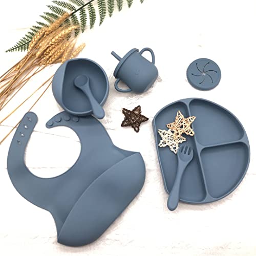K-Universal Baby Feeding Bibs | 8pc Silicone for Babies Bib Bowl Plate Cup Fork Spoon Adjustable Divided Easily Wipe Clean Less Cleaning Time After Toddler & (Goofy grey), One Size, 800.0 grams