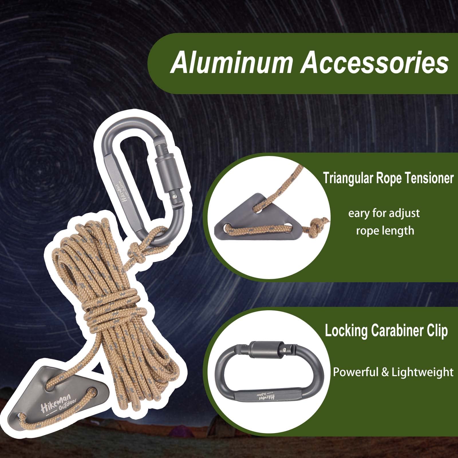 Hikeman 4 Pack Camping Rope with Locking Carabiner Clip,4mm Reflective Guy Lines with Triangular Guyline Adjuster Tensioner,Nylon Cord for Tent Tarp Tie Down,Hiking,Backpacking (Khaki)