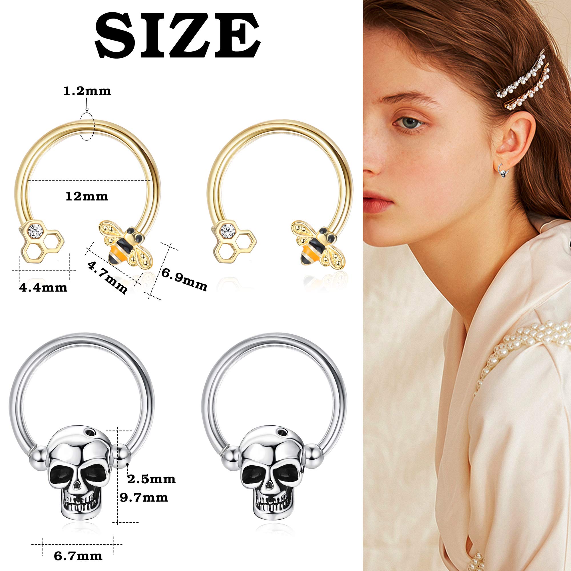 Drperfect 16G Skull Captive Bead Ring Bee Horseshoe Circular Barbell for Nipple/Earlobe/Cartilage/Daith/Septum
