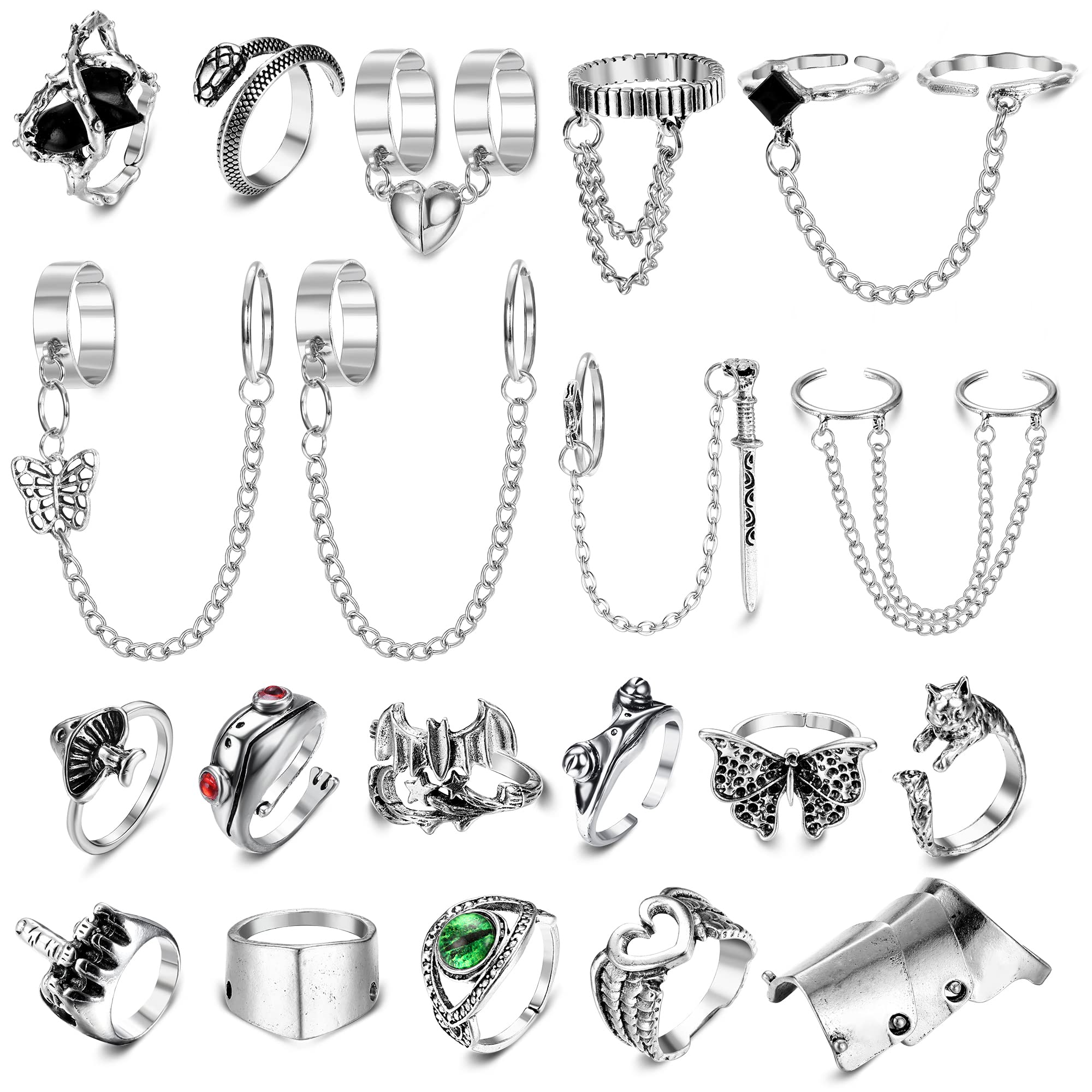 FIBO STEEL 20 Pcs Vintage Silver Punk Rings Gothic Chain Finger Ring Cool Full Finger Rings Set Goth Snake Butterfly Open Stacking Rings Adjustable Halloween Vampire Cosplay Party Accessory frog