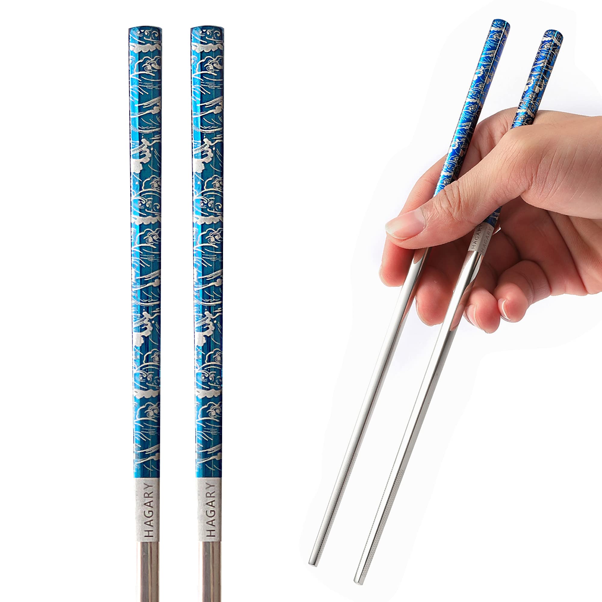 Hagary Blue Wave Chopsticks 2 Pairs Metal Chopsticks Reusable Designed In Korea Japanese Style Stainless Steel 316 18/10 Non-Slip Dishwasher Safe