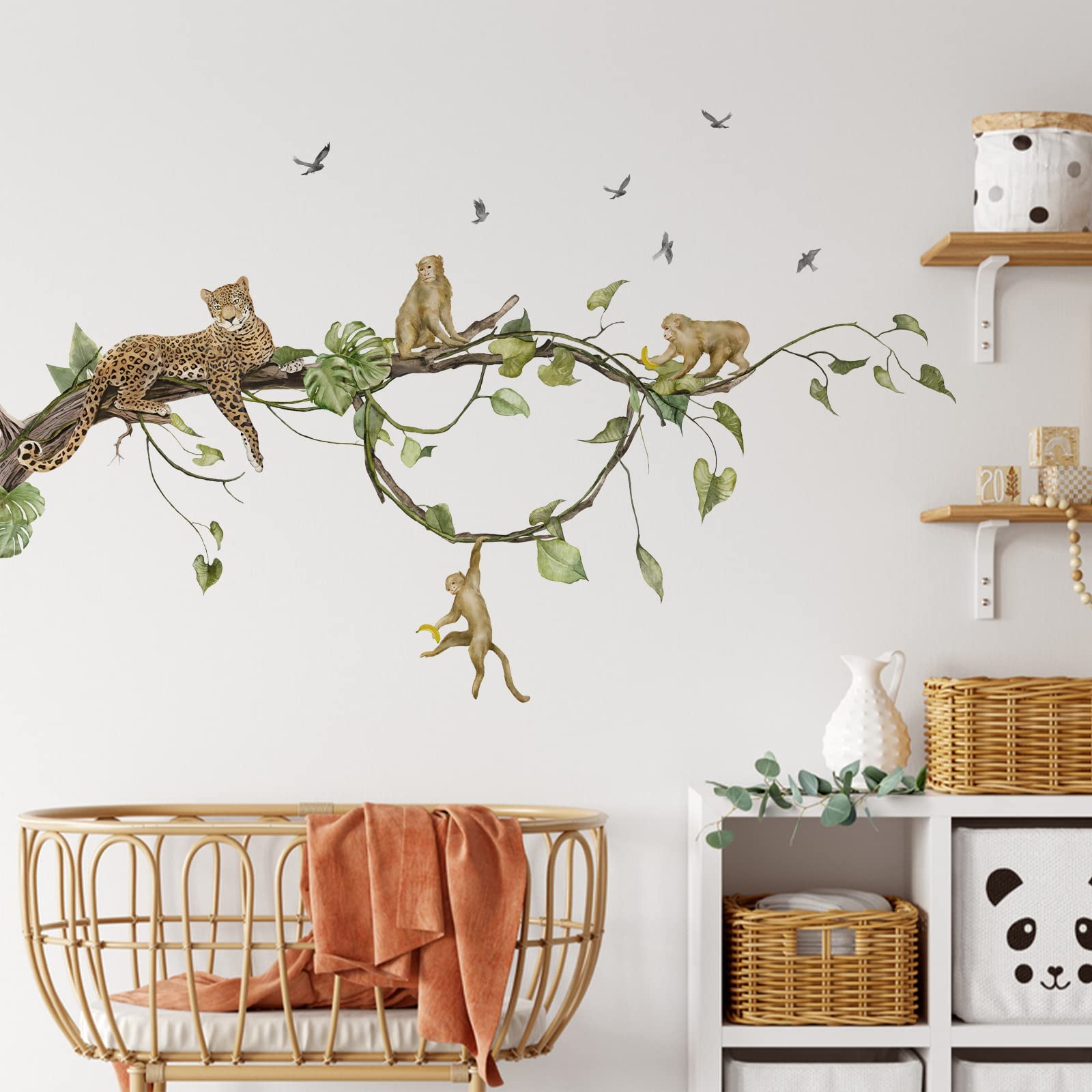 Mfault African Leopard Monkey Climbing Tree Wall Decals Stickers, Safari Jungle Animals Nursery Decorations Boys Bedroom Art, Tropical Bird Kids Playroom Classroom Room Decor