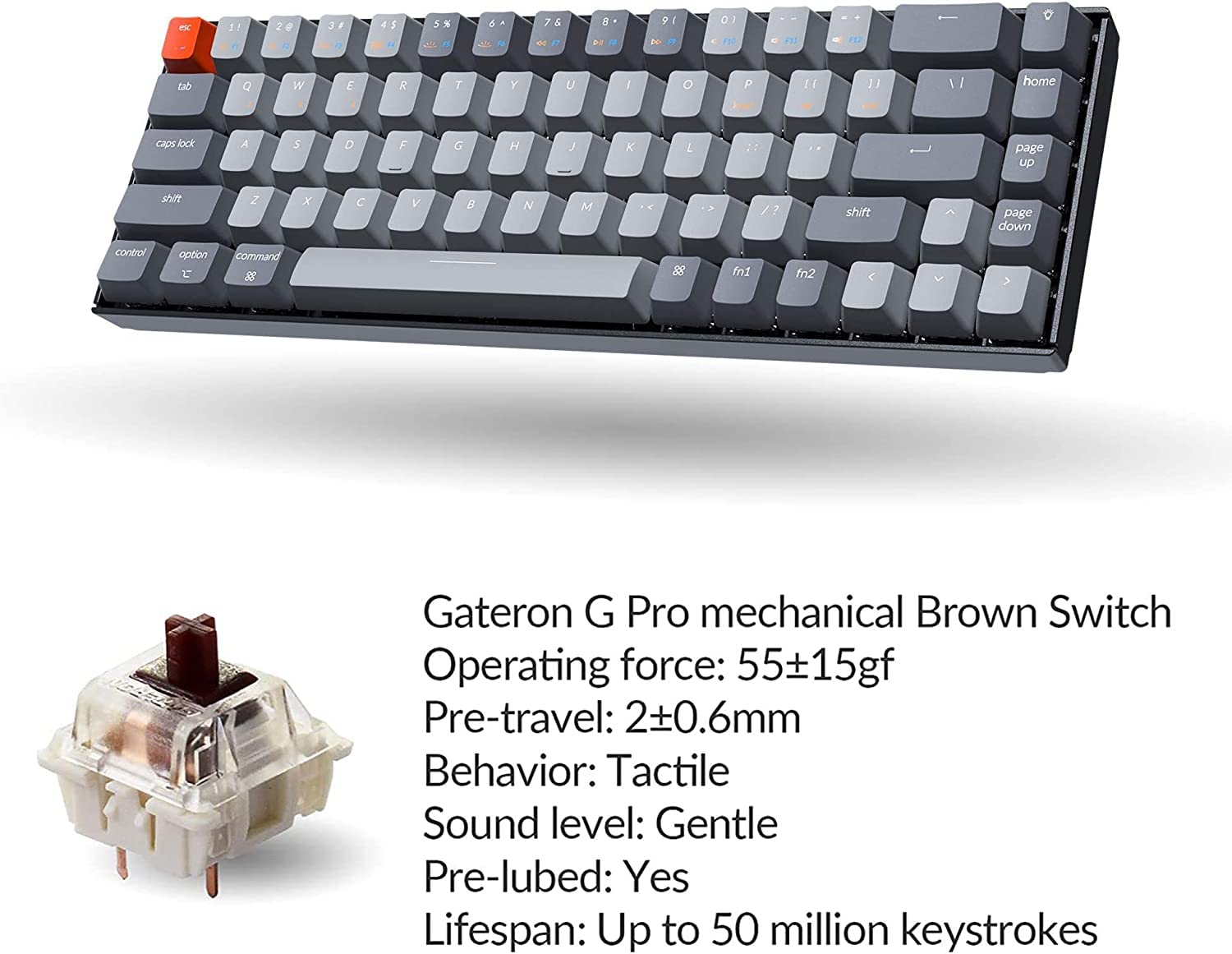 Keychron K6 Gaming Mechanicak Keyboard Wireless/Wired, 65% Layout 68 Key Compact Bluetooth Keyboard with White Backlit, N-Key Rollover, Gateron G Pro Brown Switch for Mac Windows