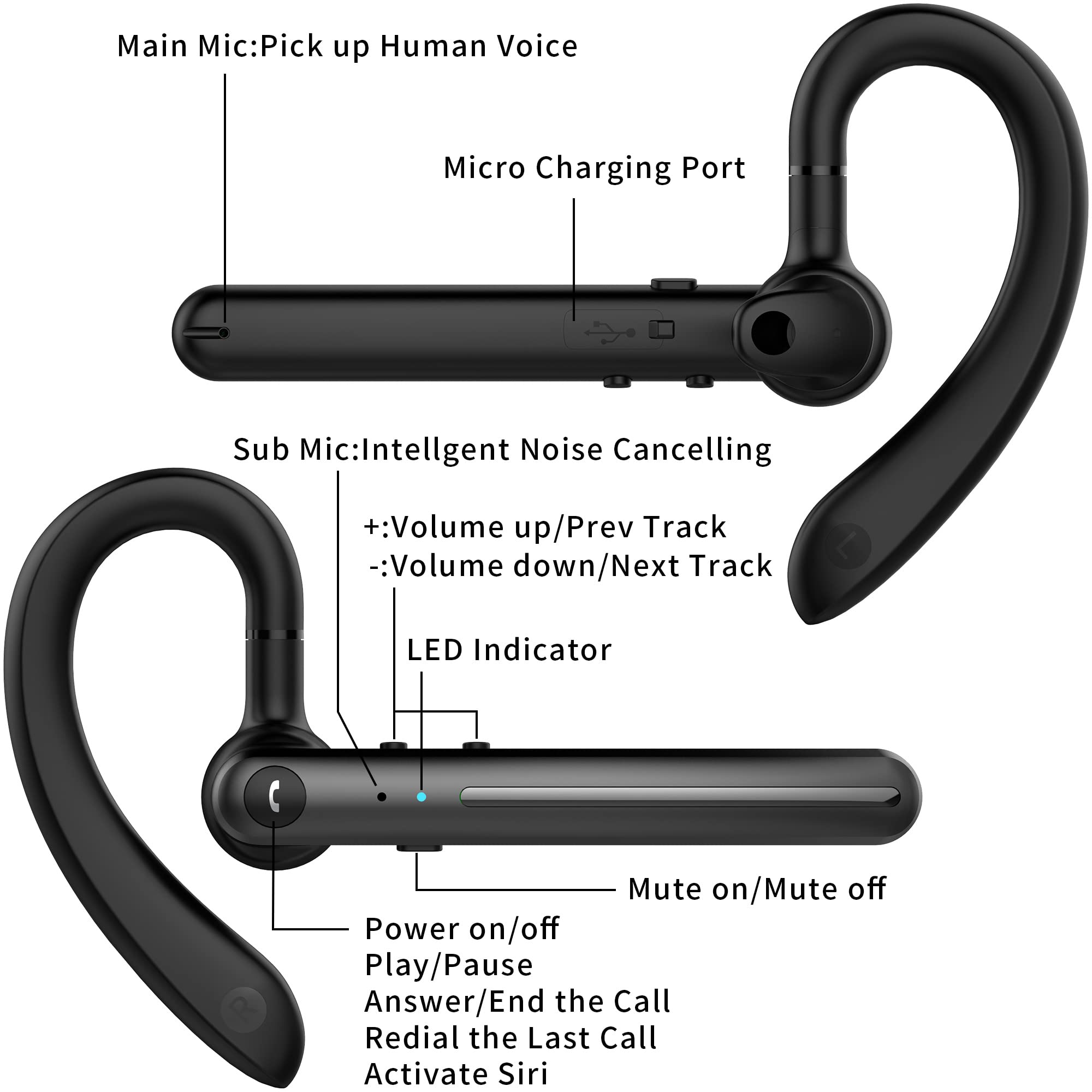 Morebili Bluetooth Headset, Wireless Headphone Business earpiece V5.0 Hands-Free Earphones with Built-in Mic for Driving/Business/Office, Compatible with iPhone and Android (F910-Black)