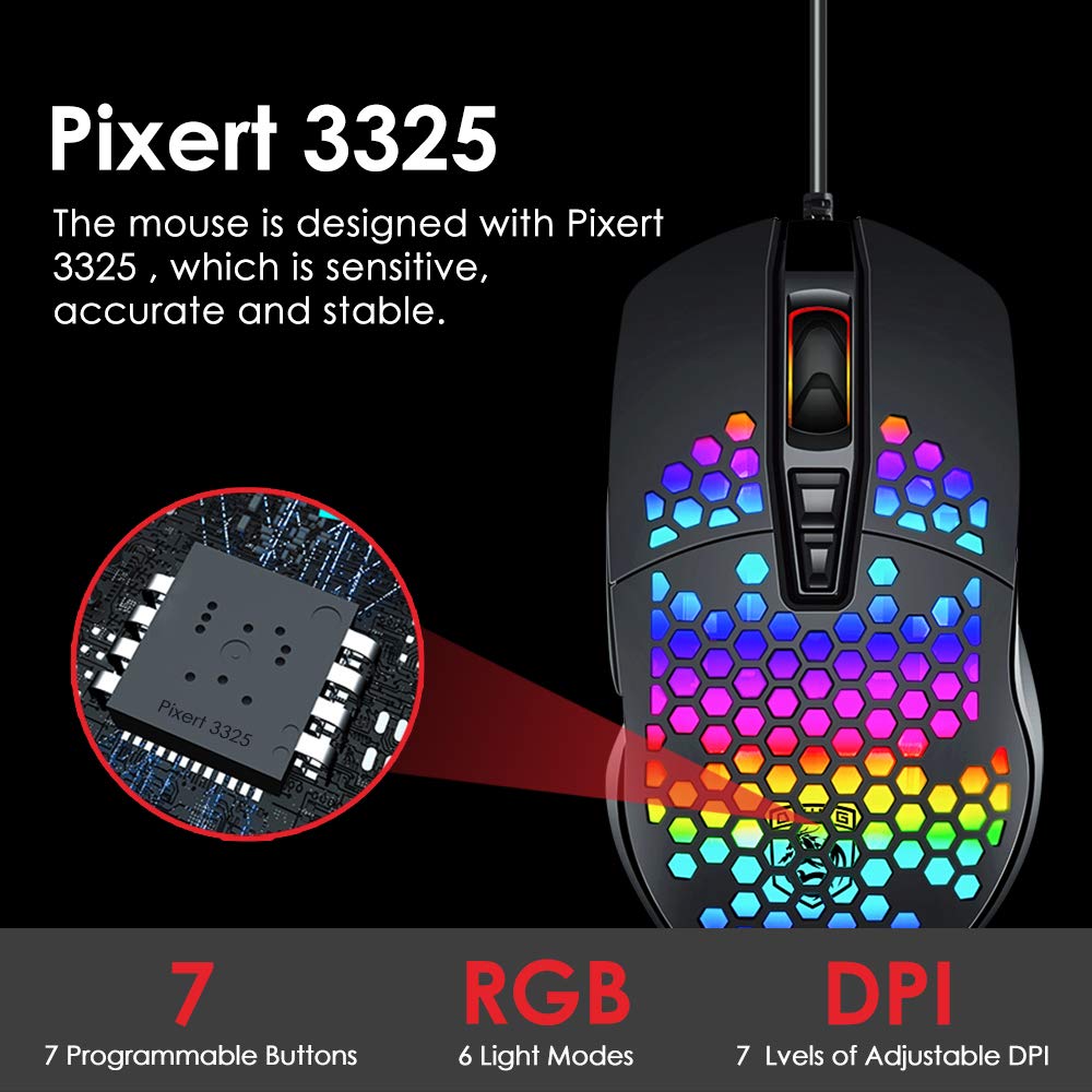 FELICON Wired RGB Gaming Mouse with Rainbow Backlight Lightweight Honeycomb Shell Adjustable 6400 DPI Programming Driver Optical Sensor 78G Mice for PC X-Box PS4 Gamer (Black)