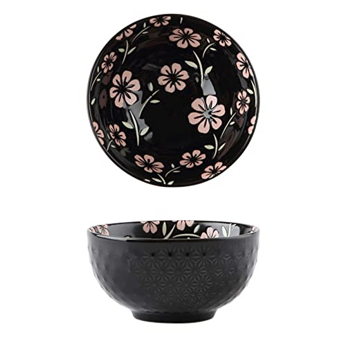 ramen bowl set,fruit bowl,ramen bowl,large serving bowls,White Porcelain Rice Bowl Set of 2,4.5 Inches Micorwave Oven Safe Cereal Bowl Set,Gold Pattern Small Soup Bowl-Pink-Flower (Color : Black, Si