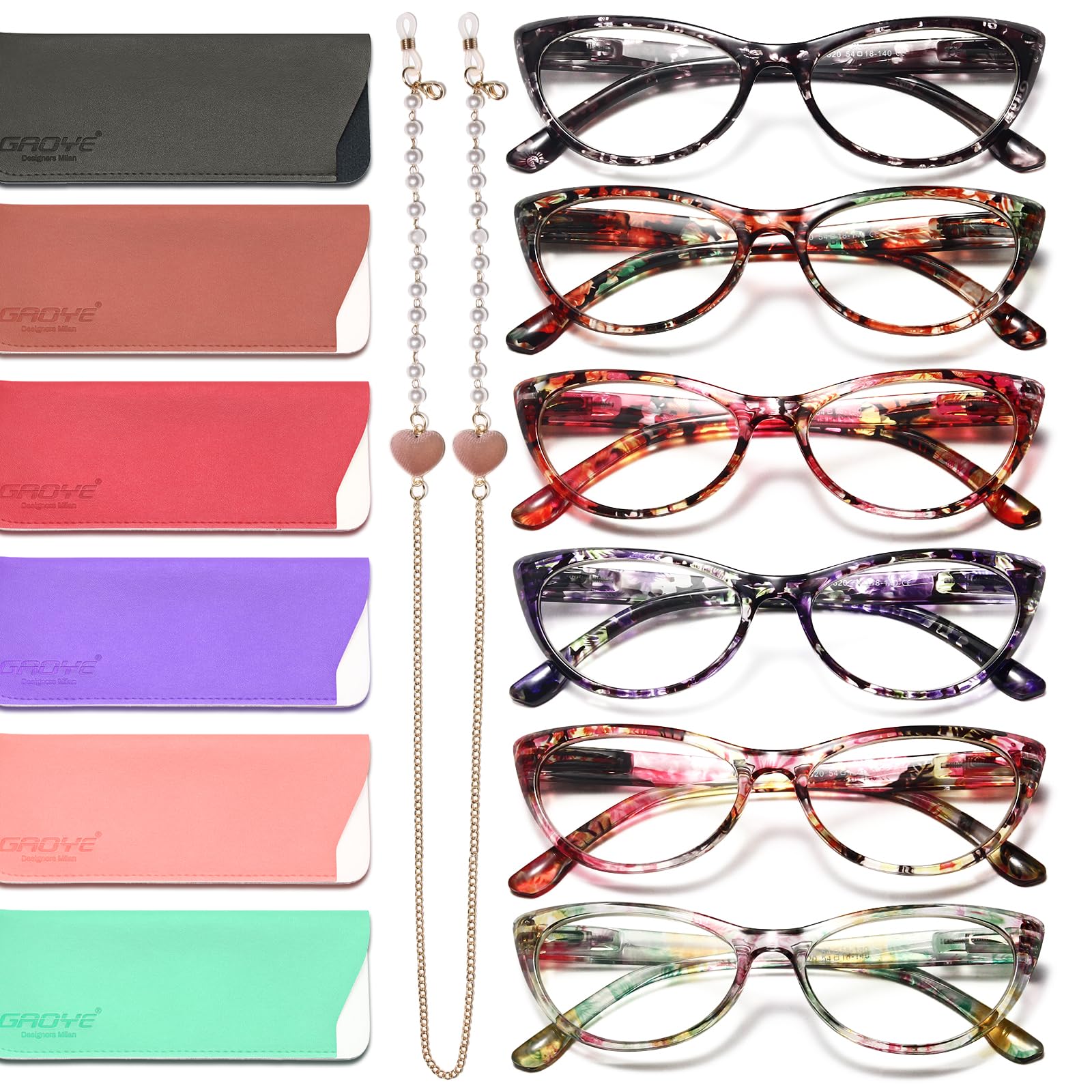Gaoye 6 Pack Reading Glasses for Women Computer Blue Light Blocking Stylish Cat Eye Readers Anti Eye Strain with Spring Hinge (G1 6-pack mix, 1.50, multiplier_x)