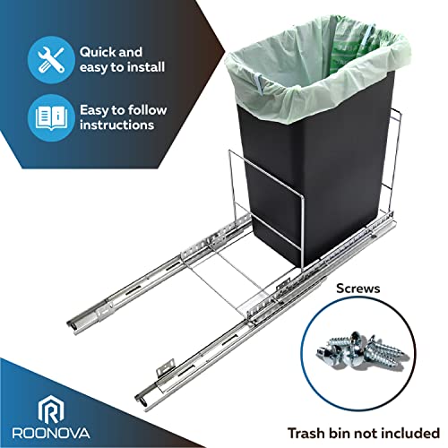 ROONOVA: Pull Out Bin Rack | Durable Chrome Finish & Adjustable Frame | Heavy Duty Steel | Slides Under Kitchen Cabinet | Trash Can Clips | Compatible with Various Size Bin | Trash Can Not Included