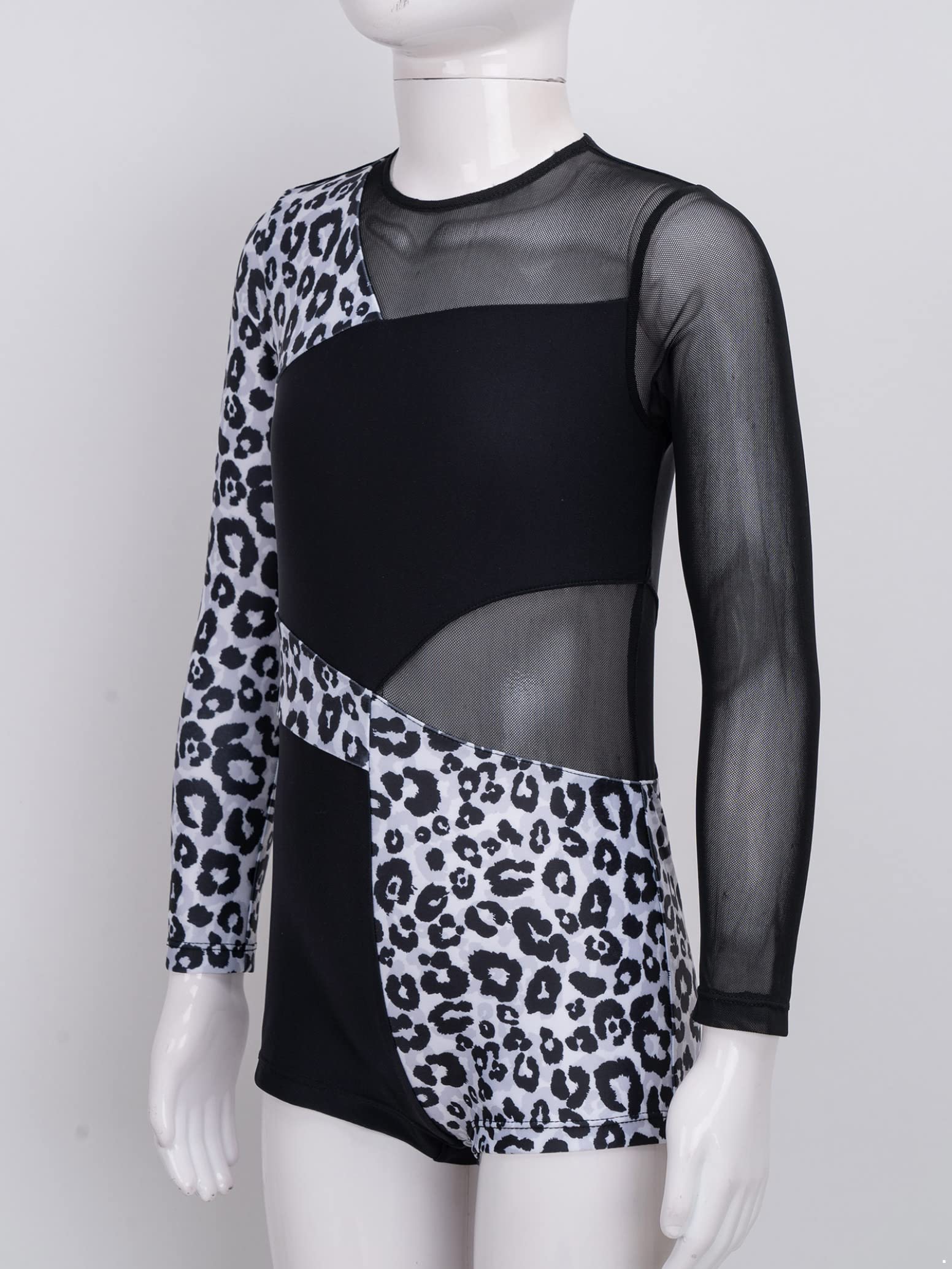 Haitryli Kids Girls One Piece Print Dancewear Long Sleeve See-through Mesh Patchwork Gymnastic Leotard Black 12 Years