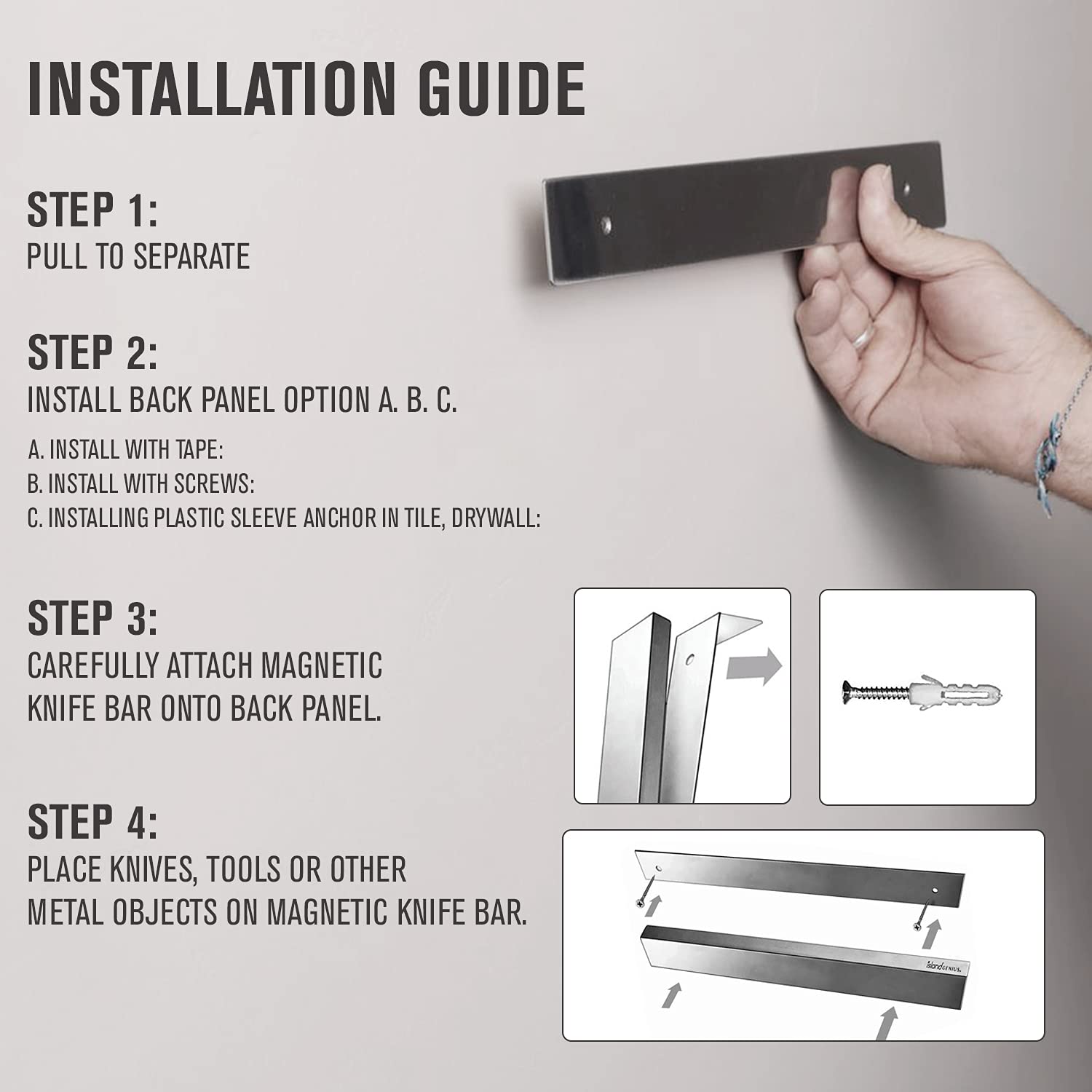 Island Genius 16 Inch Stainless Steel Magnetic Knife Holder Bar Strip for Wall - Kitchen Knife, Utensil and Tool Storage Organizer Magnet