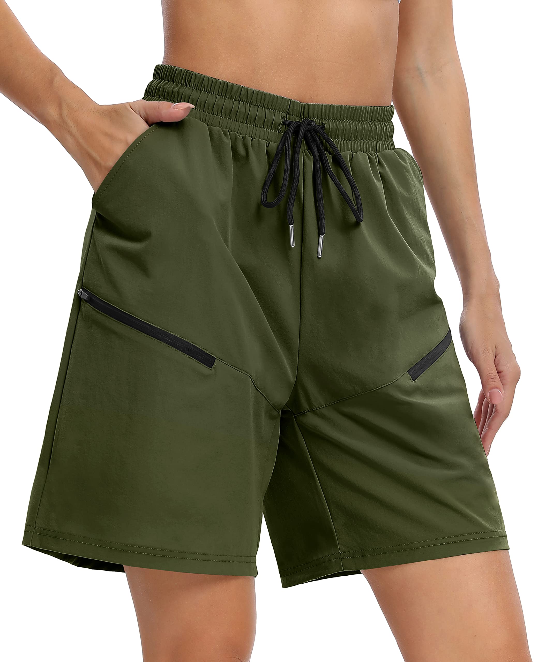 Hiking Shorts Women Quick Dry Athletic Elastic High Waisted Shorts Cargo Golf Shorts with Pockets Green L
