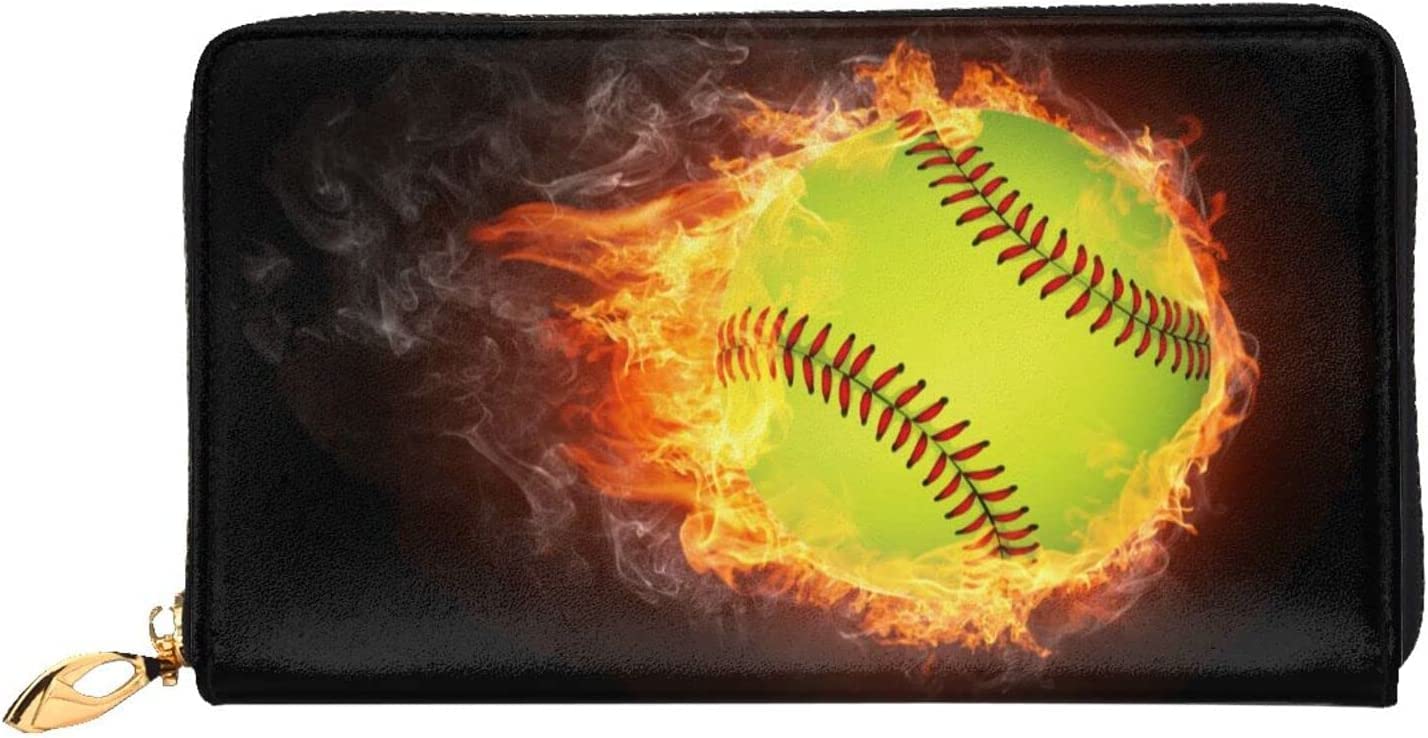 Long Handbag Purse Wristlet Bag Card Holder Wallet-Softball Fire Leather Wallet for Women Men
