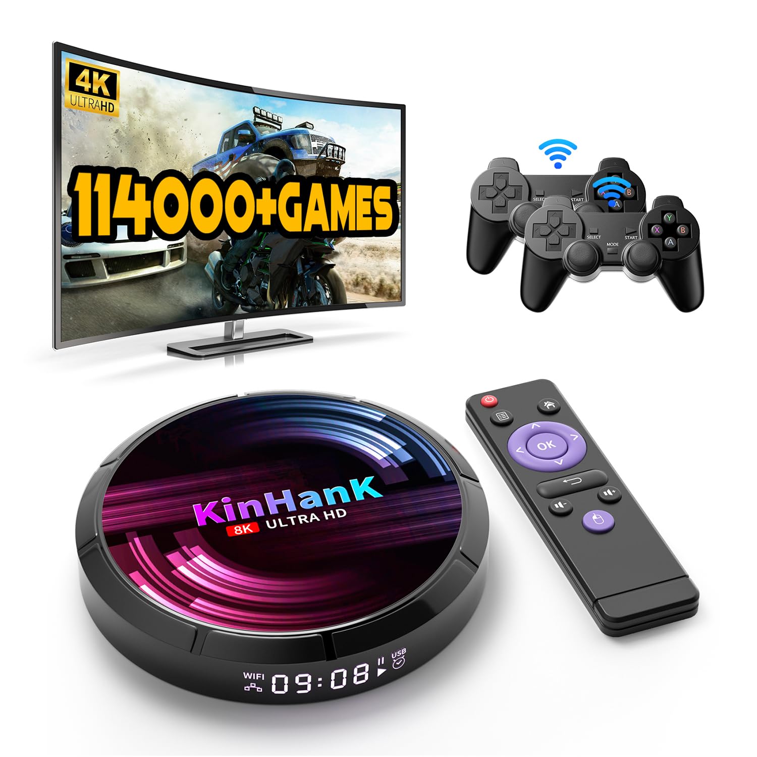 Kinhank Retro Video Game Console Built in 114000+ Games,Super Console X Max Emulator Console,EmuELEC 4.5/Android 9.0/CoreELEC 3 Systems ALL in 1,4K HD/AV Output,2.4G+5G Dual WiFi,BT 4.0,Best Gift