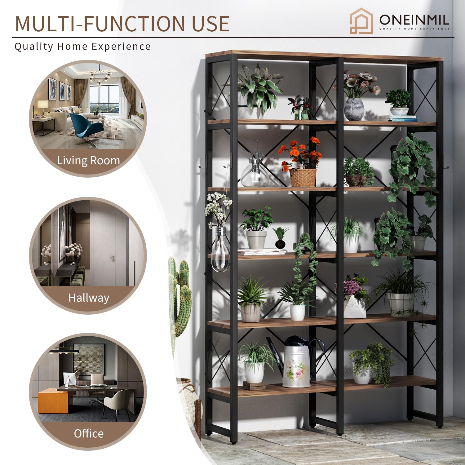 oneinmil Double Wide 6-Tier Bookcase, Industrial Bookshelf with Metal Frame, Open Large Book Shelf, Wood and Tall Display Shelves for Home and Office, Rustic Brown and Black
