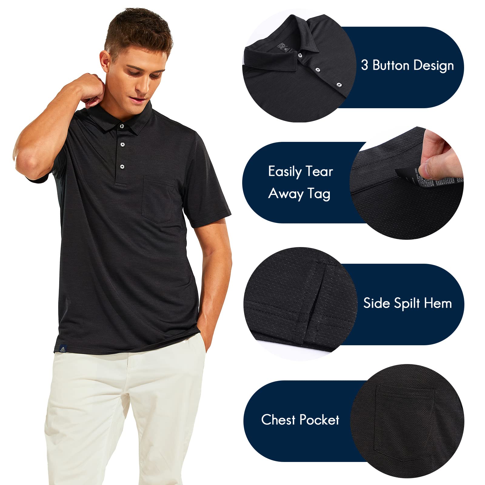 Haimont Mens Golf Shirt with Pocket Dry Fit Short Sleeve Collared Polo Shirts Lightweight Casual Black,L
