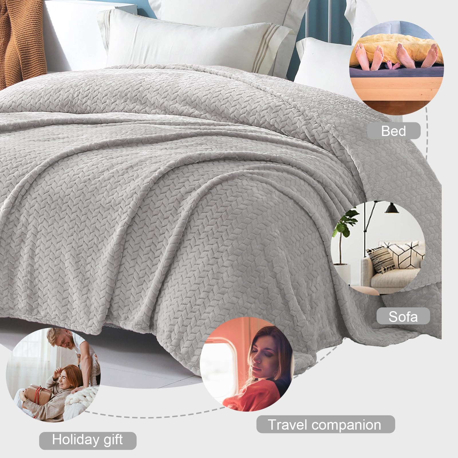 Exclusivo Mezcla Light Grey Fleece Throw Blanket for Couch and Bed, 50x70 Inches Soft Cozy 3D Decorative Jacquard Flannel Blankets, Lightweight Fuzzy Plush Warm Throws for All Seasons
