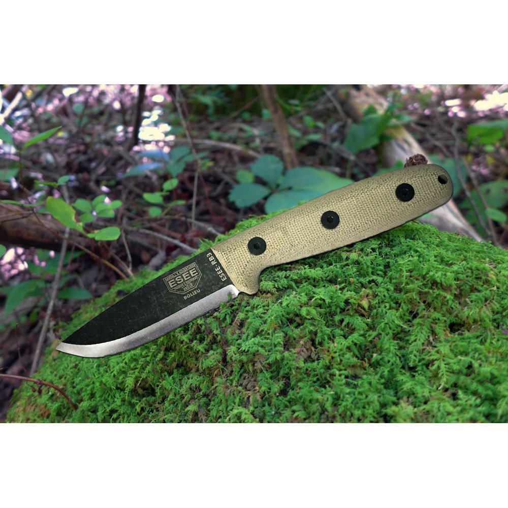 ESEE RB3 Reuben Bolieu Fixed Blade Survival Knife, Leather Sheath, Made In USA (Black Oxide Finish, Brown Leather Sheath (Right))