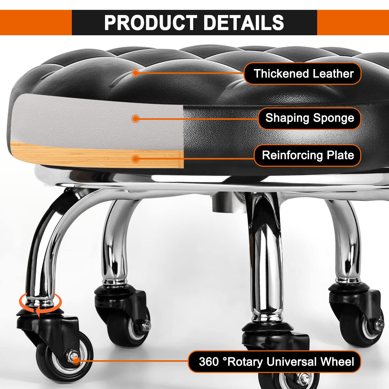 FLOLXNB Low Rolling Stool, Low Stool with Wheels, PU Leather Low Roller Seat Stool Chair, Rolling Seat Stool for Home Office Garage Shop (Style 1)
