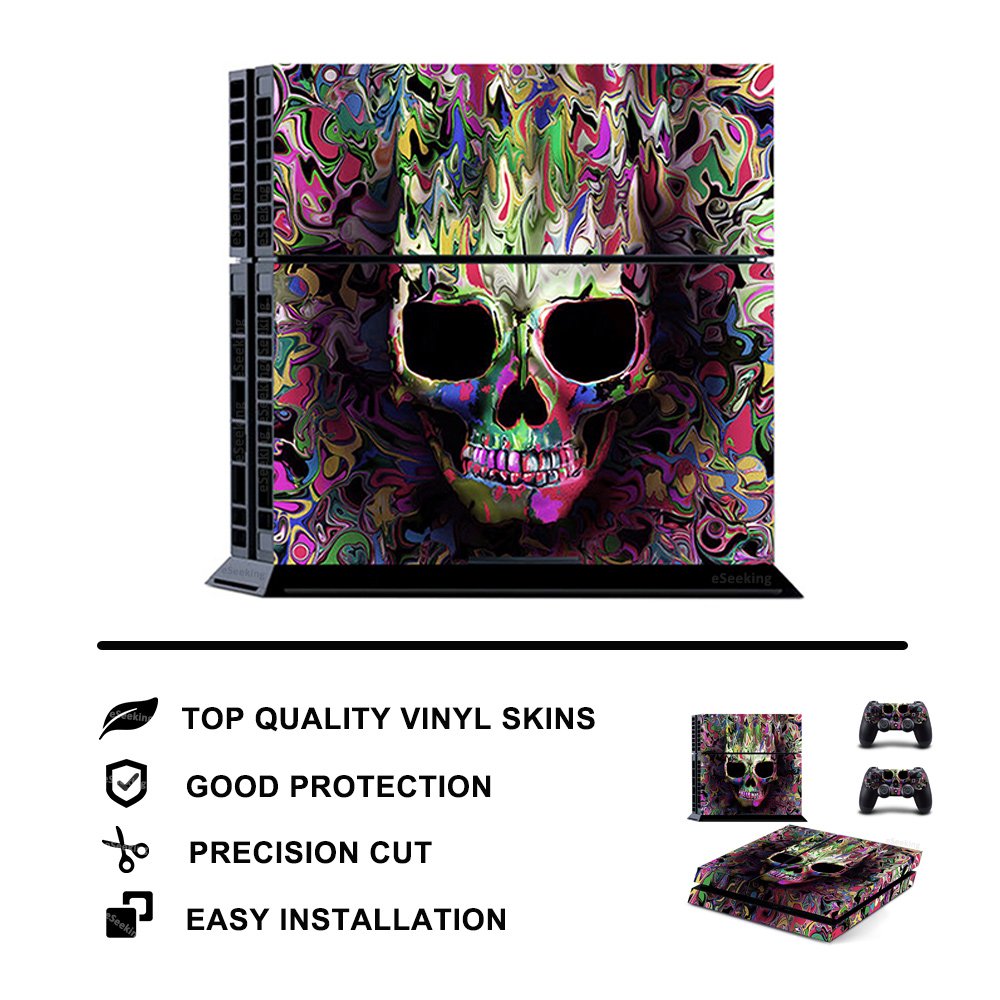 eSeeking Whole Body Vinyl Skin Sticker Decal Cover for PS4 Console and 2PCS Controllers Skins Colorful Skull