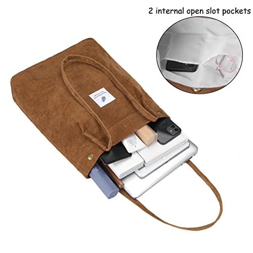 Iioscre Corduroy Tote Bag for Women,Tote Bag for School,Large Capacity Zipper Casual Shoulder Bag with Inner Pockets