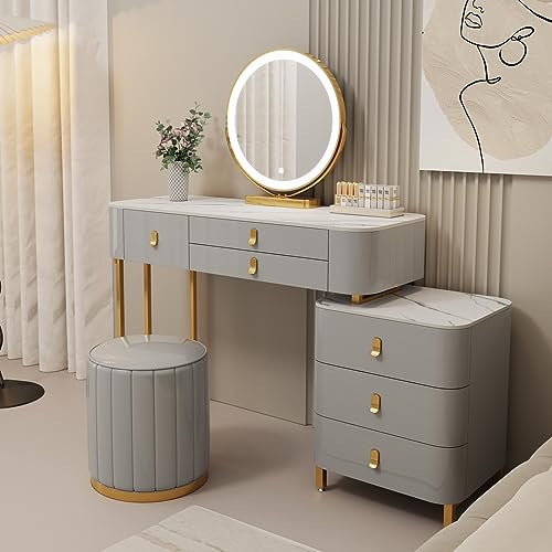 Winfree Makeup Vanity Table with 5 Solid Wood Drawers and Vanity Chair, 3 Color Light Adjustable Brightness, Including LED Makeup Mirror,for Family Bedroom, for Her (31.5β)