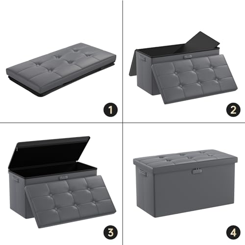 ENGPOW Storage Ottoman Bench,Fireproof Folding Storage Bench with Lock,30 Inches Fire&Water Resistant Storage Chest Foot Rest Stool Leather Bedroom Bench with Storage Safe for Document,Valuables,Grey