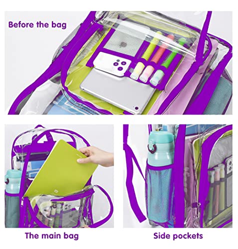 MCWTH Clear Backpack Heavy Duty PVC Plastic Transparent Backpacks School College Bookbag (Purple)